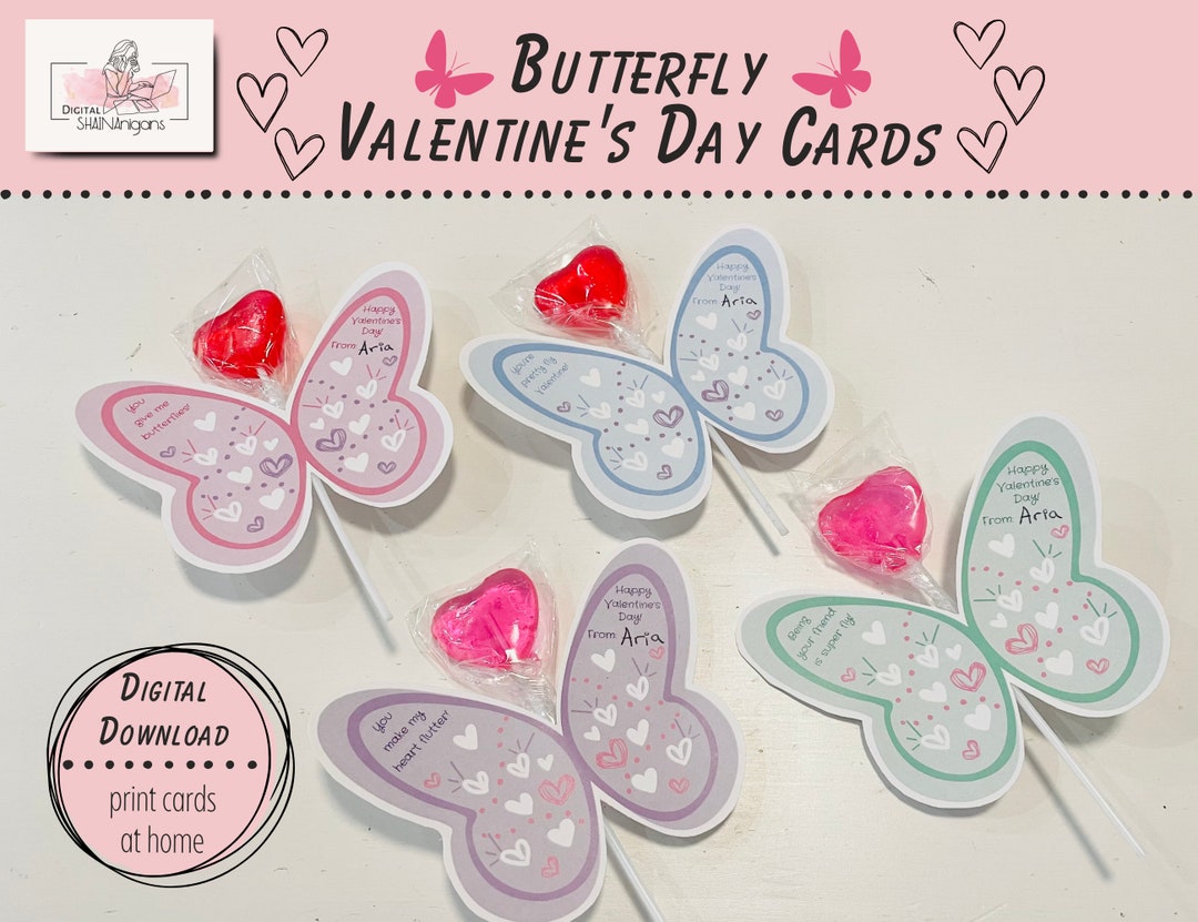 Butterfly Valentines Day Cards, Kids Classroom Valentine Gift, Lollipop ...