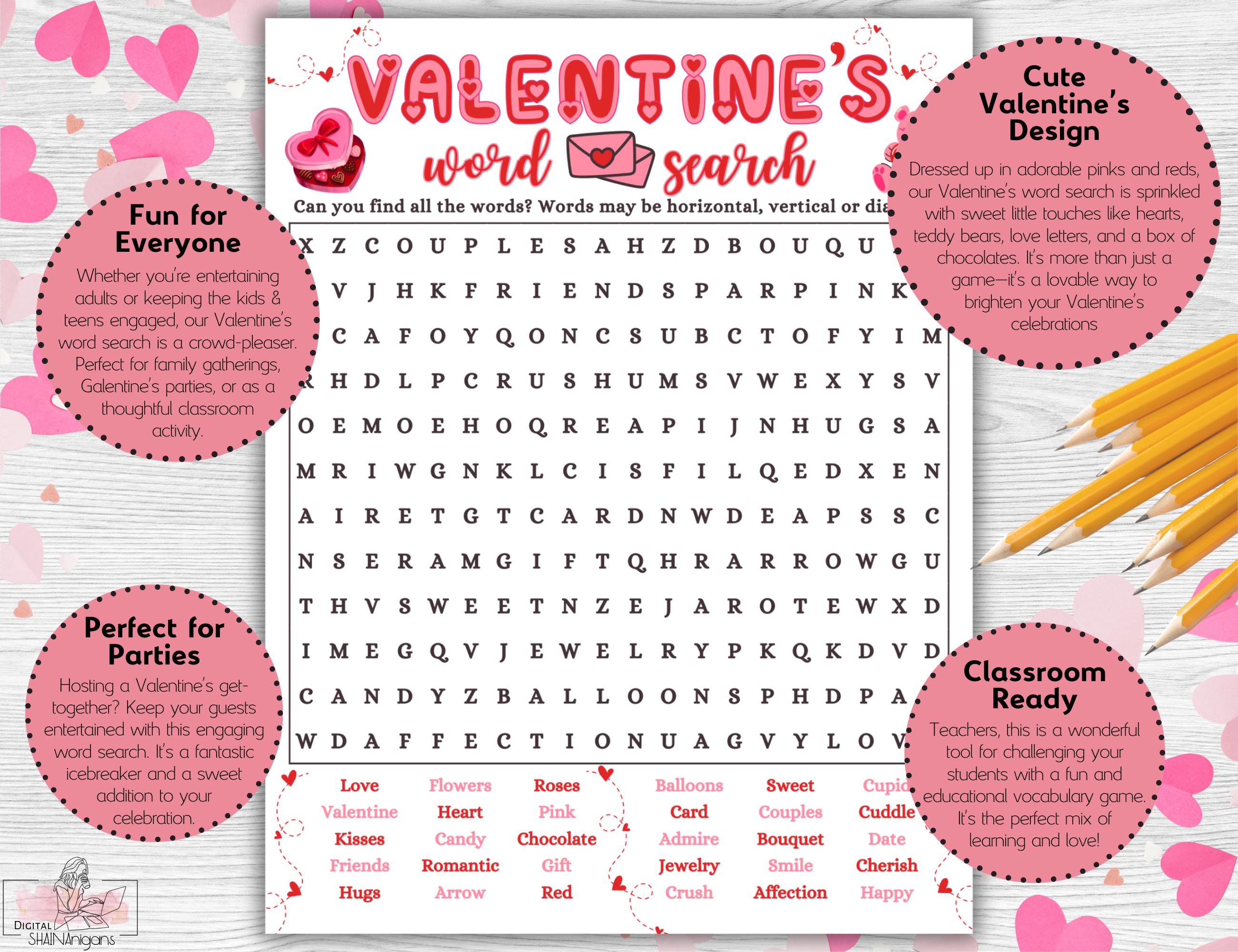 Valentine's Word Search Game Printable, Valentine's Day Party Game ...