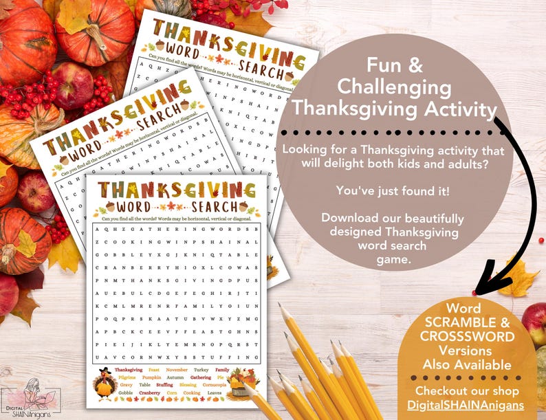 Thanksgiving Word Search Game Printable, Thanksgiving Party Game, Word ...