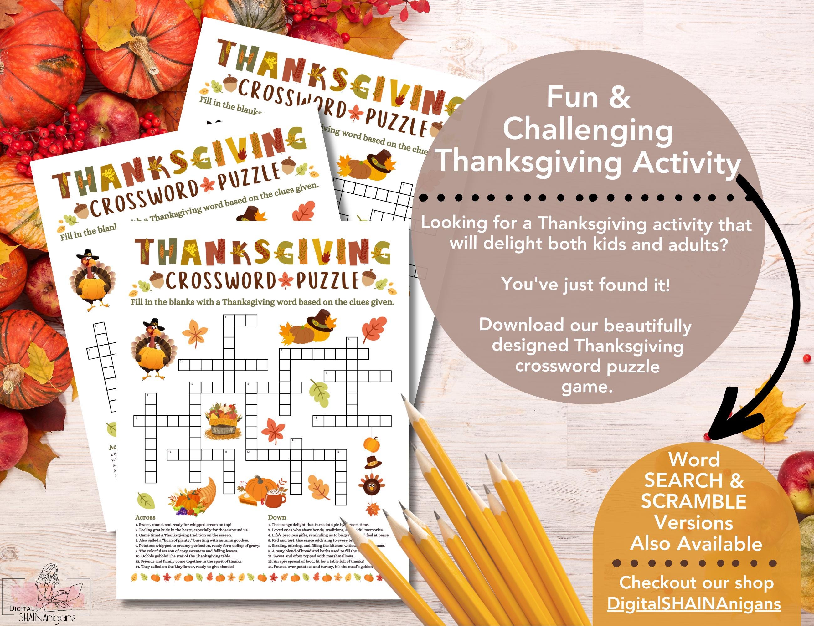Thanksgiving Crossword Puzzle Game Printable for Kids and Adults ...