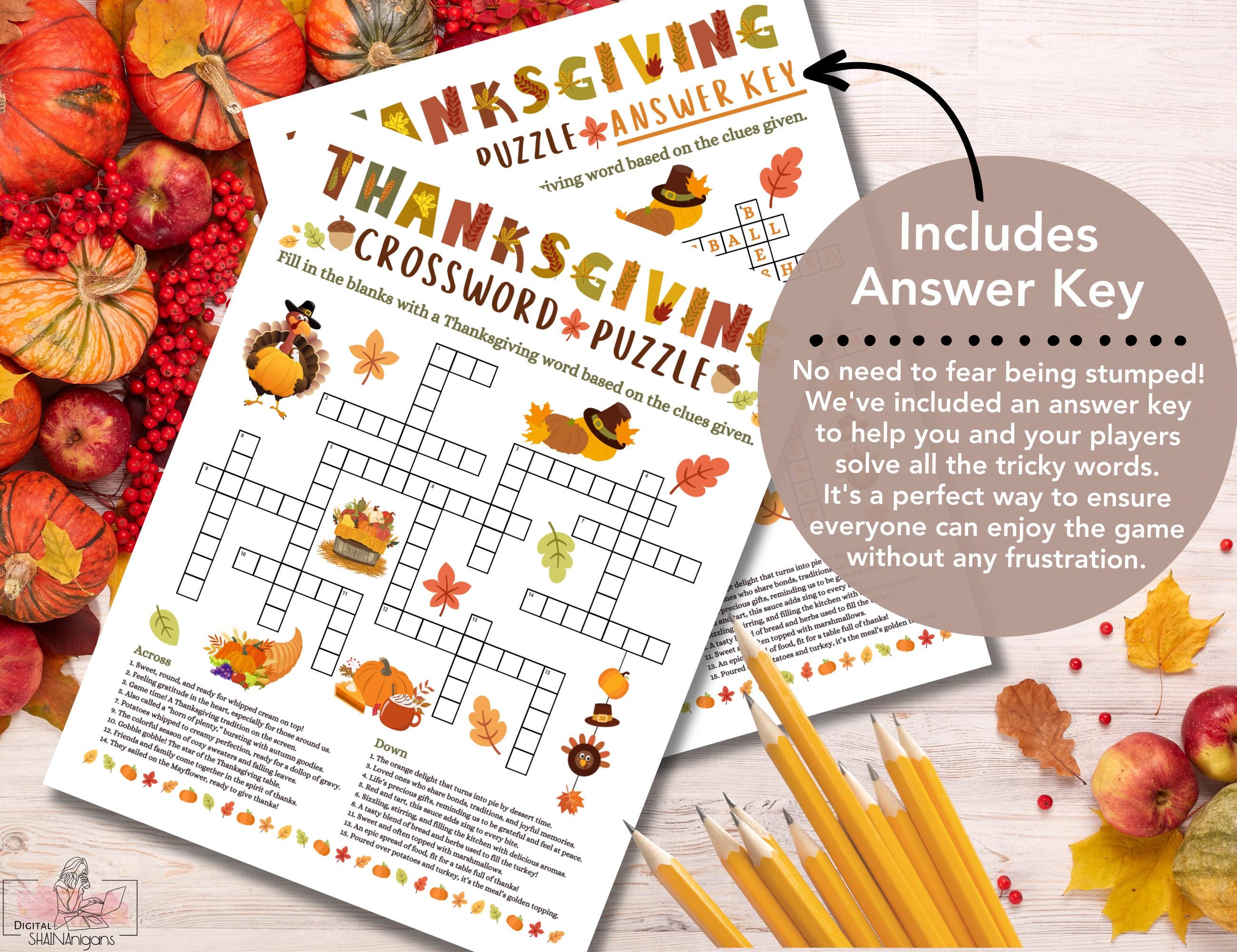 Thanksgiving Crossword Puzzle Game Printable for Kids and Adults ...