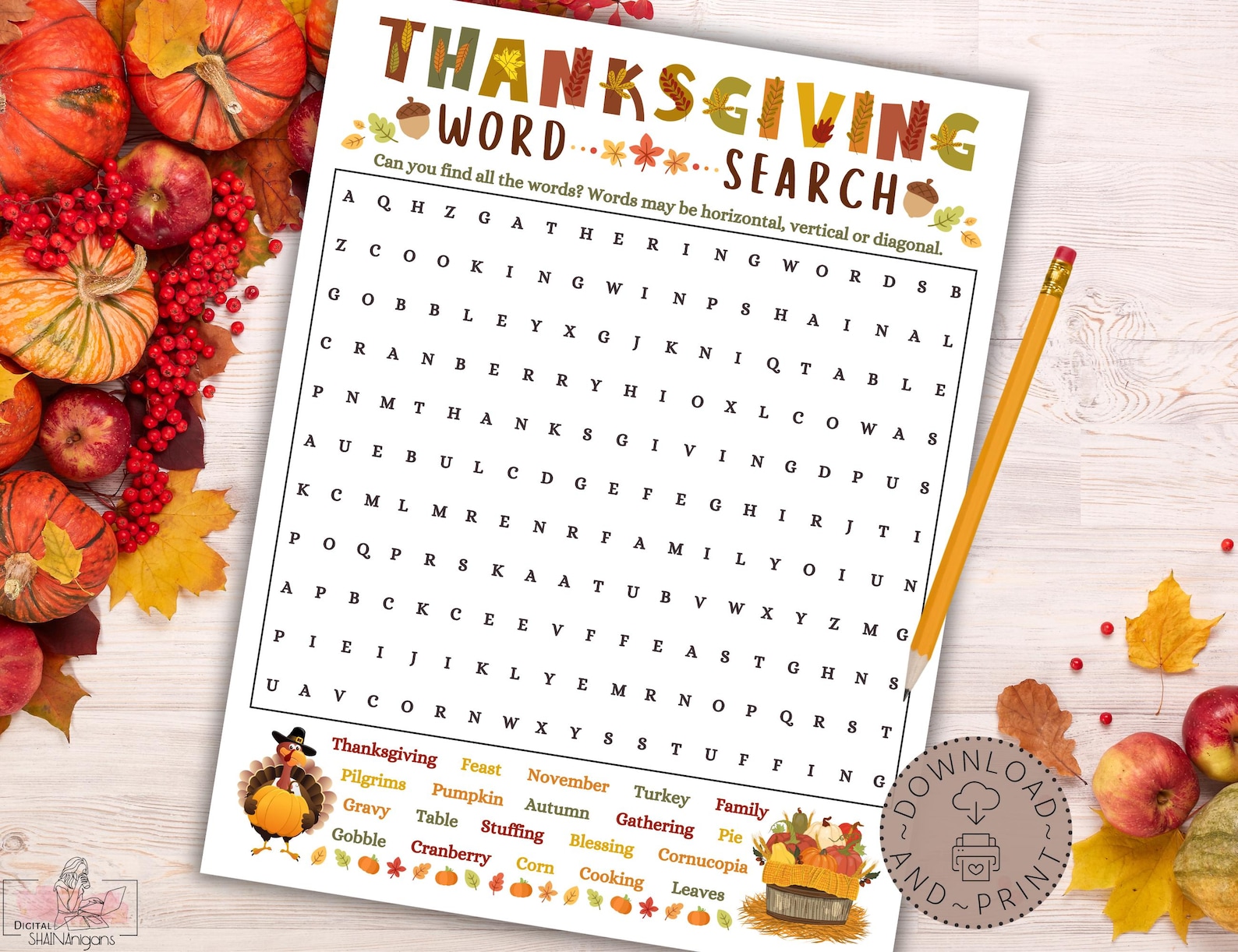 Thanksgiving Word Search Game Printable, Thanksgiving Party Game, Word ...