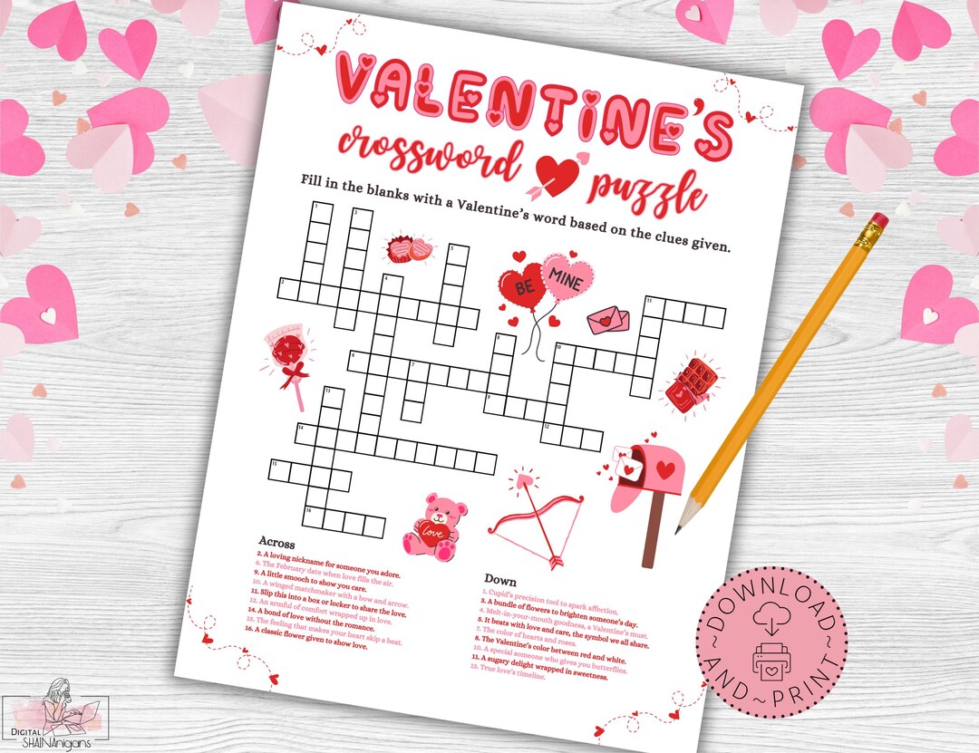 Valentine's Crossword Puzzle Game Printable for Kids and Adults ...