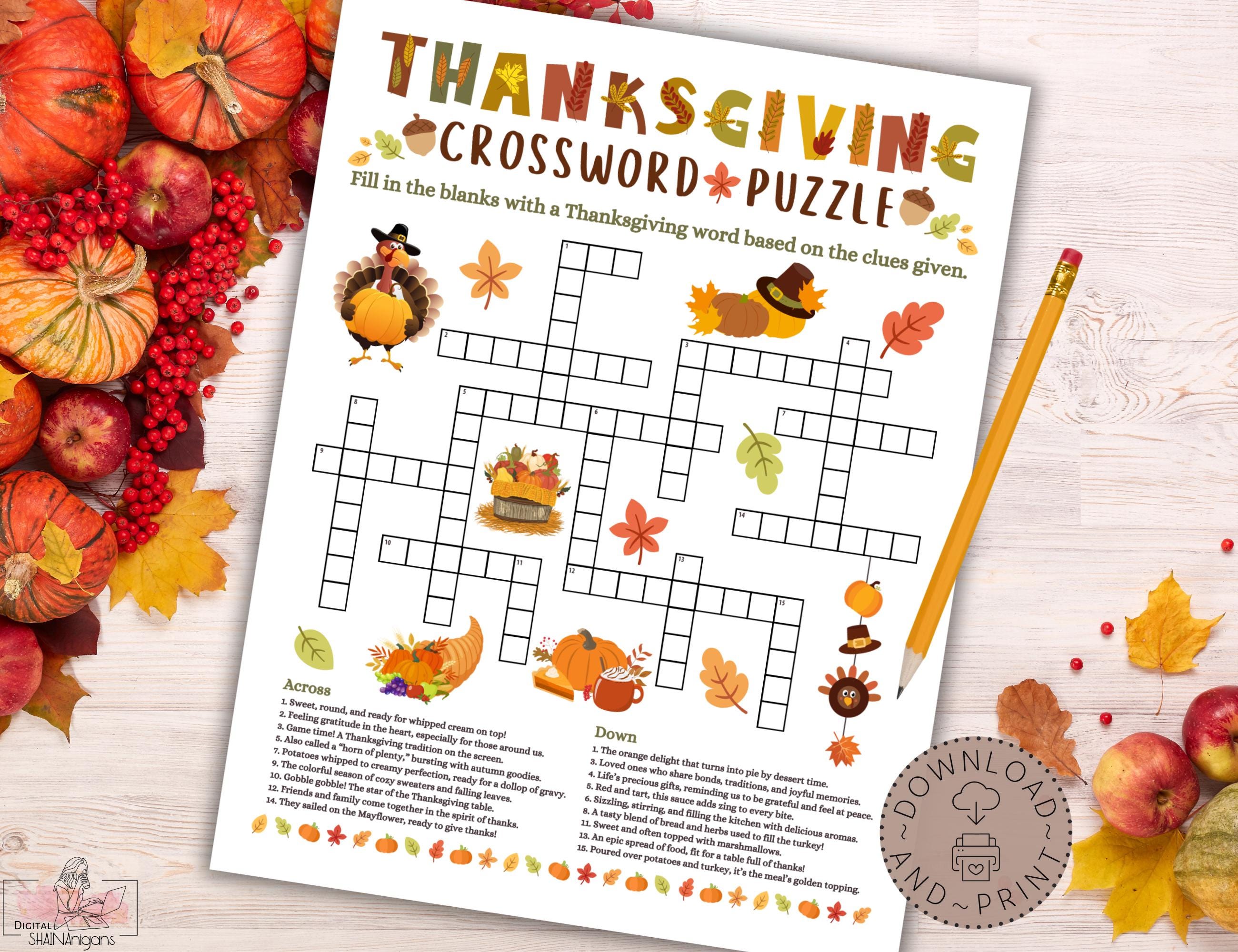 Thanksgiving Crossword Puzzle Game Printable for Kids and Adults ...