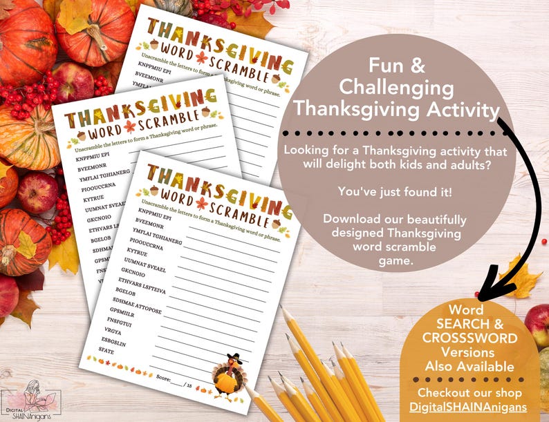 Thanksgiving Word Scramble Game Printable, Thanksgiving Party Game ...