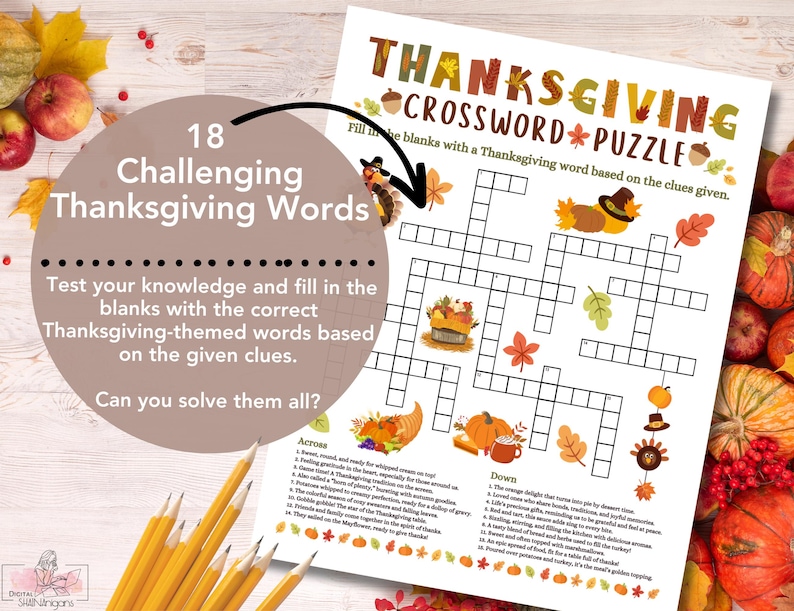Thanksgiving Crossword Puzzle Game Printable for Kids and Adults ...
