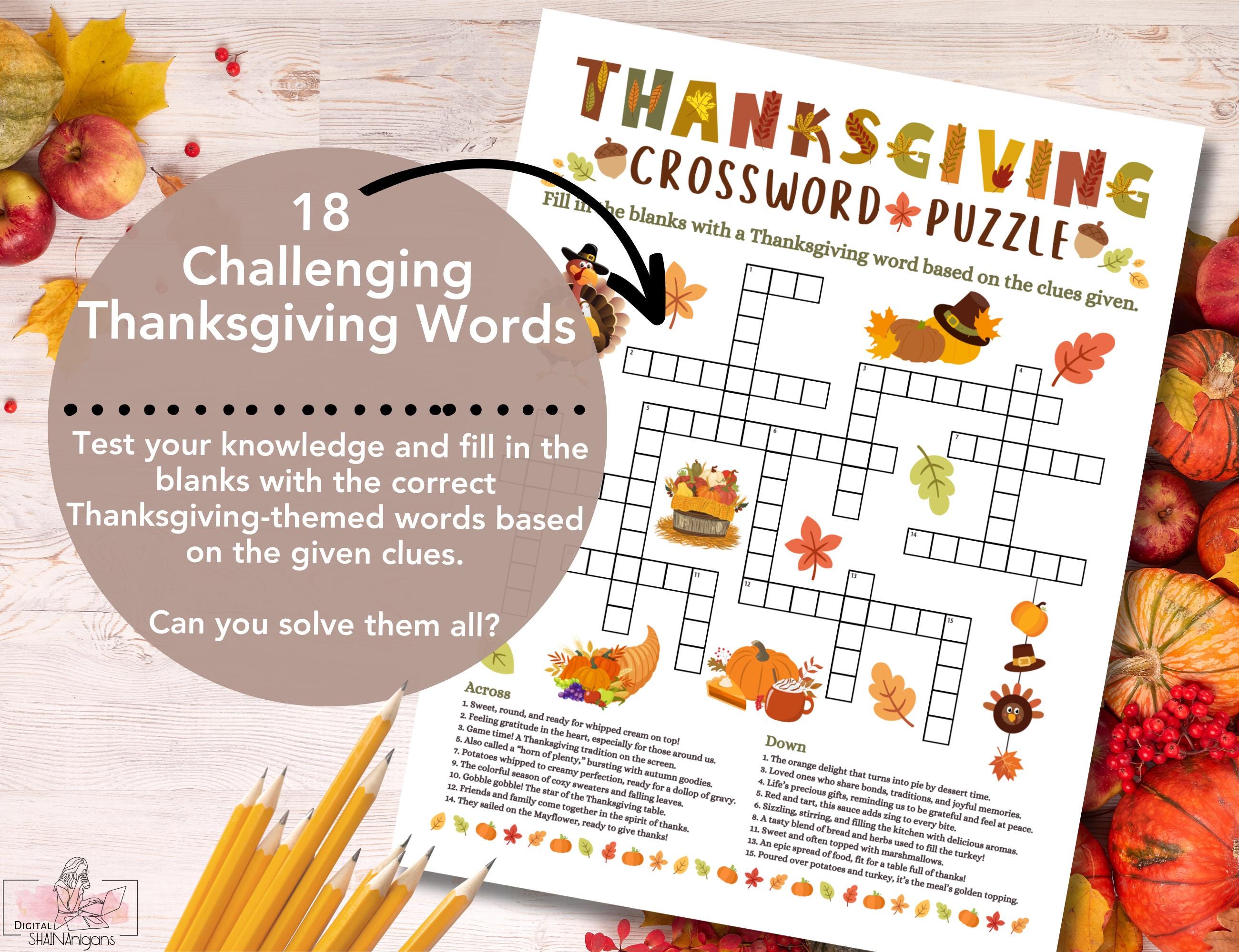Thanksgiving Crossword Puzzle Game Printable for Kids and Adults ...