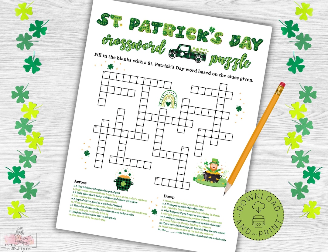 St. Patrick's Day Crossword Puzzle Game Printable, St. Patrick's Day ...