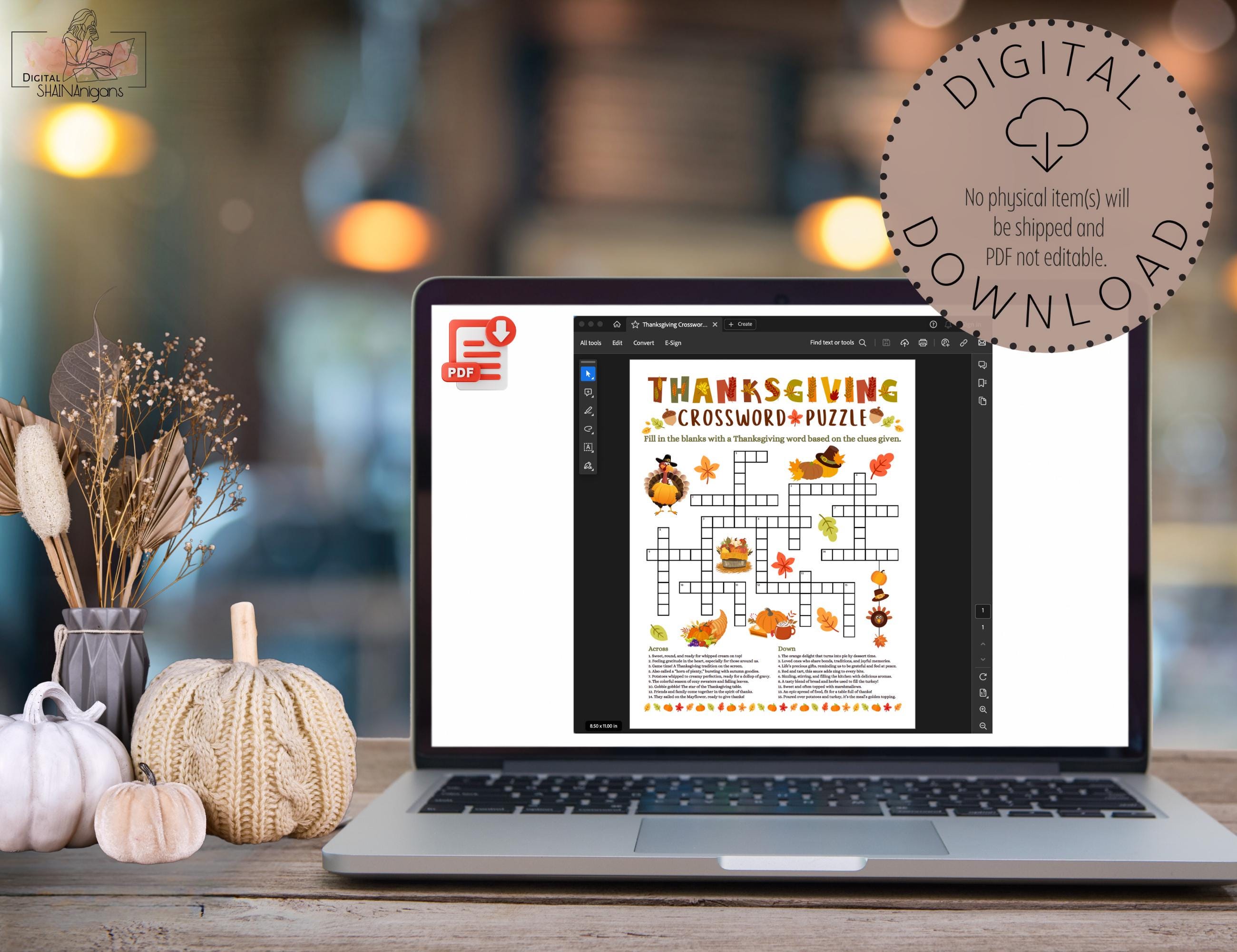 Thanksgiving Crossword Puzzle Game Printable for Kids and Adults ...