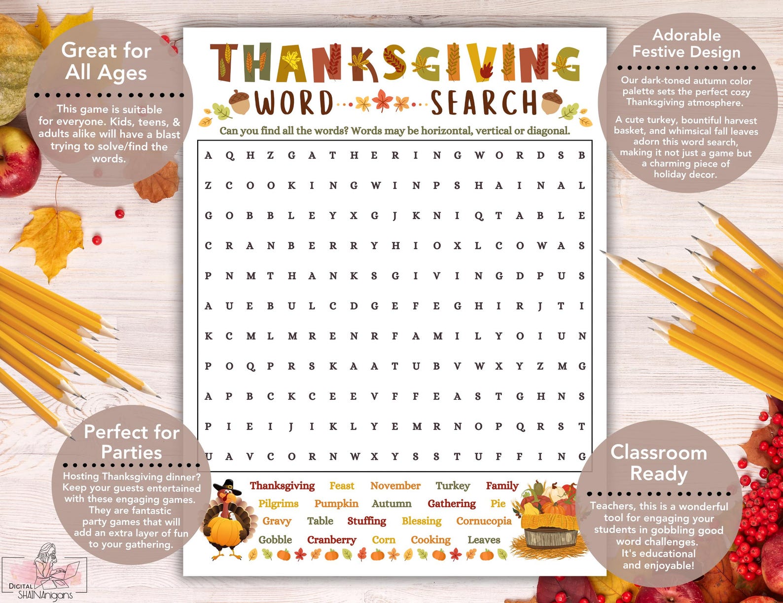 Thanksgiving Word Search Game Printable, Thanksgiving Party Game, Word ...