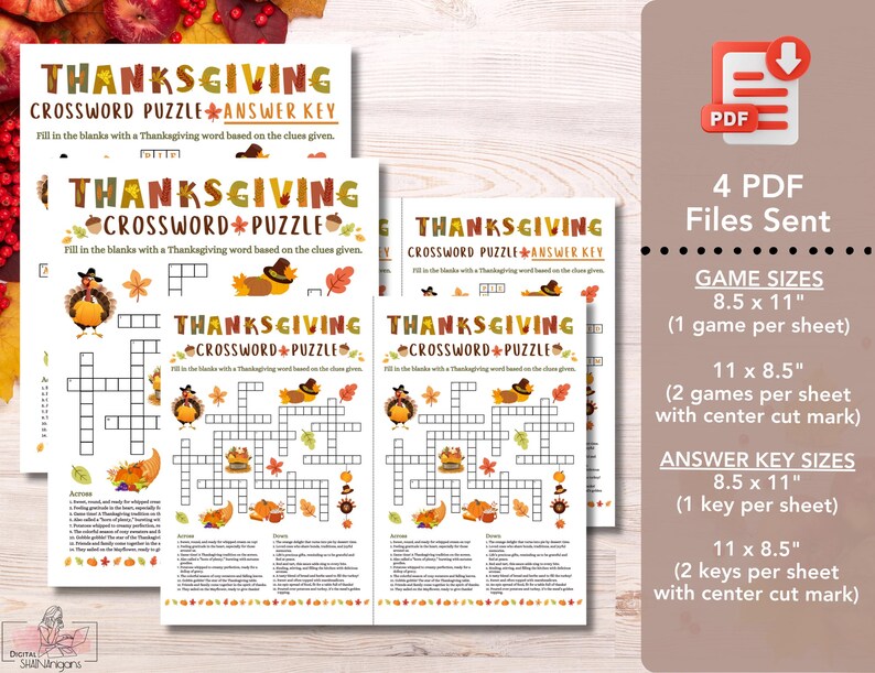 Thanksgiving Crossword Puzzle Game Printable for Kids and Adults ...
