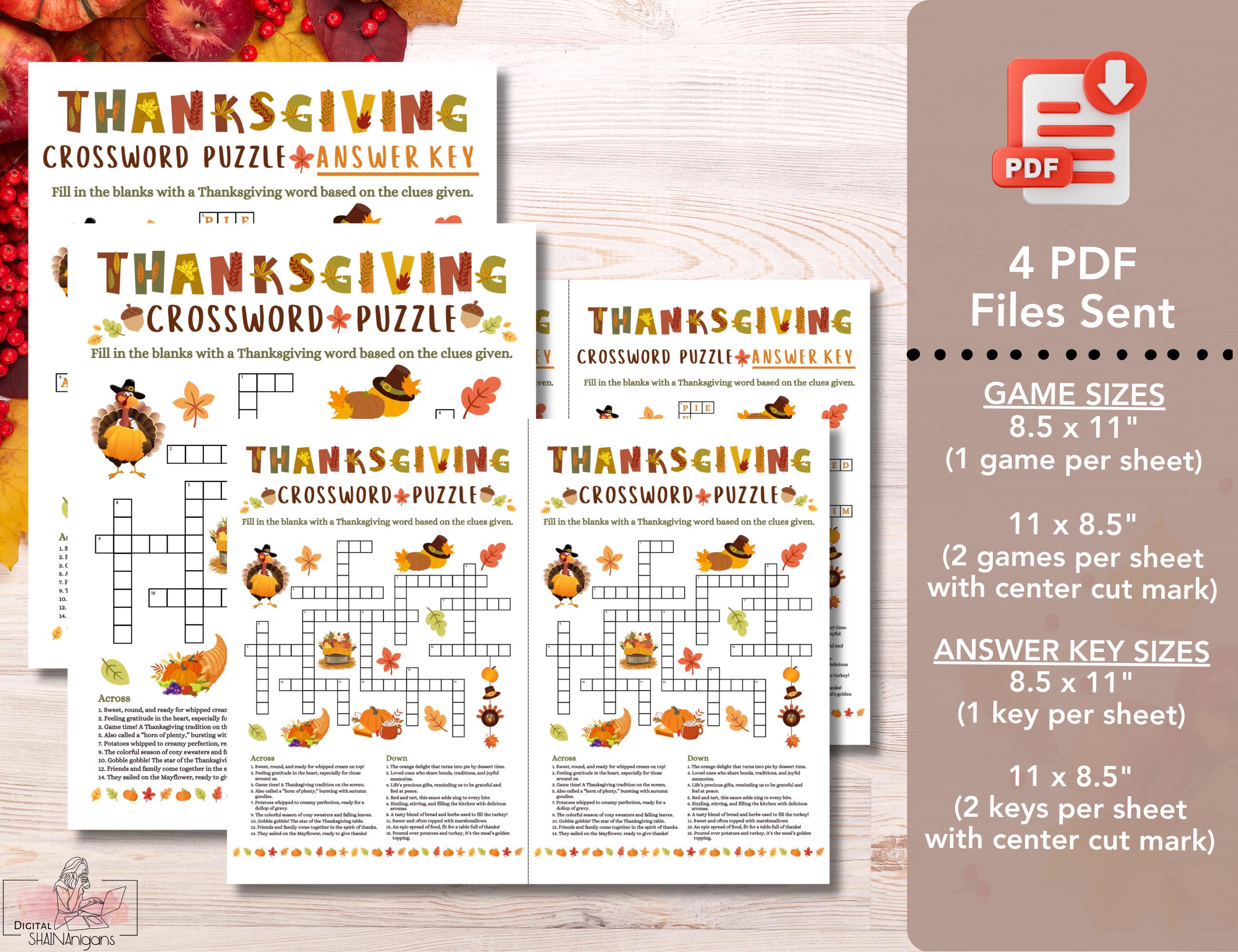 Thanksgiving Crossword Puzzle Game Printable for Kids and Adults ...