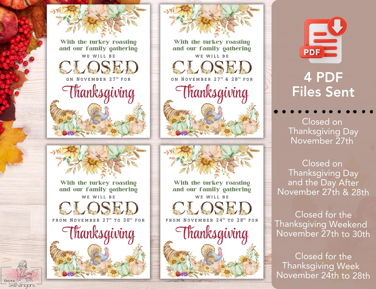 Closed for Thanksgiving Sign, Closed Thanksgiving and Day After ...