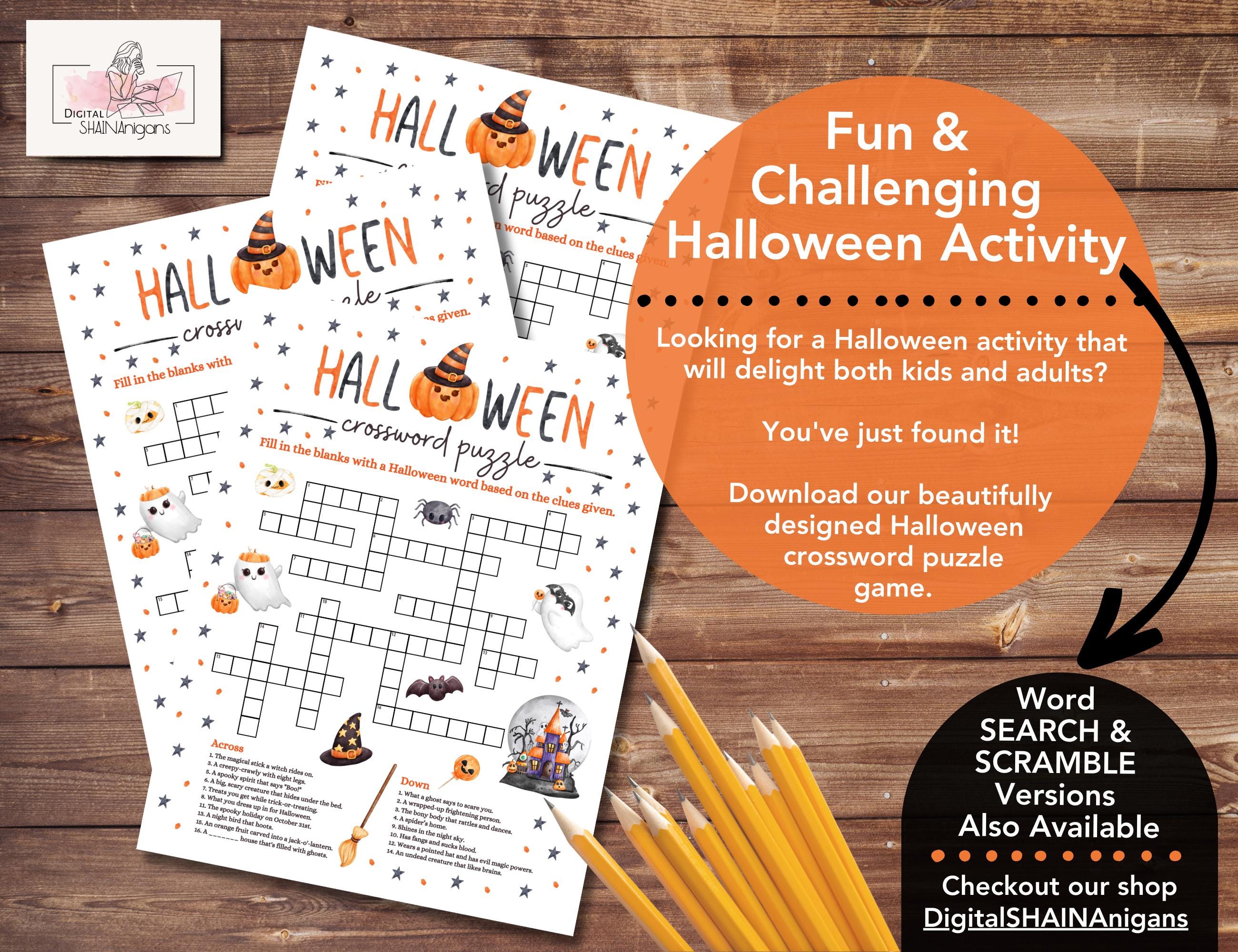 Halloween Crossword Puzzle Game Printable for Kids and Adults ...