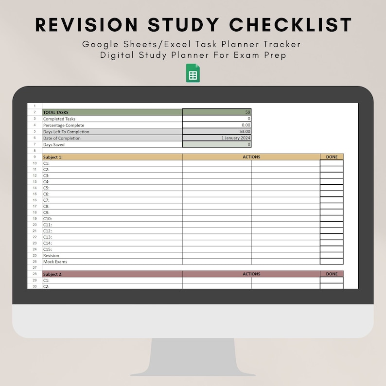 Revision Study Checklist Google Sheets/excel Task Planner Tracker ...