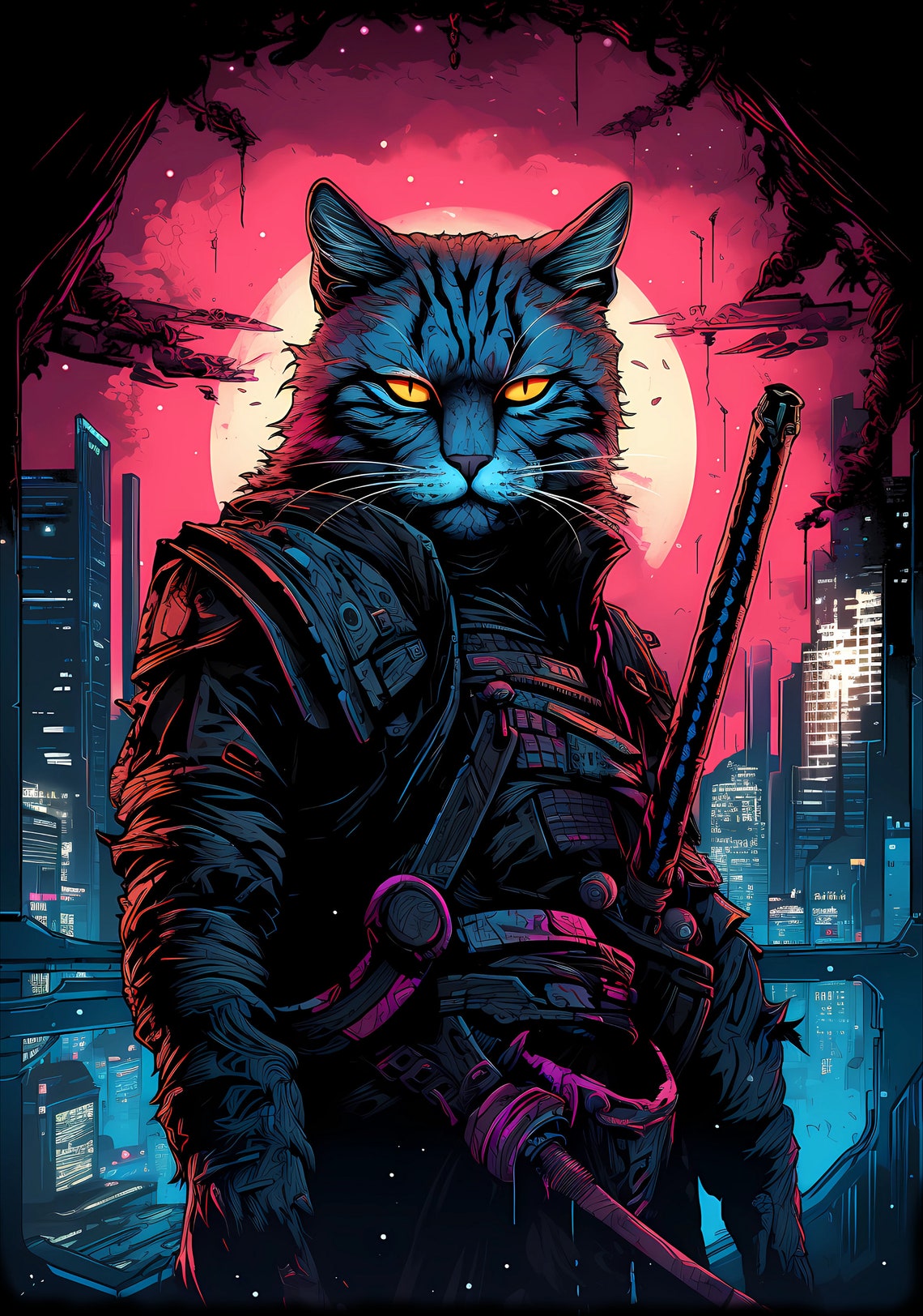 Ninja Samurai Cat Shirt, Cyber Punk Cyberpunk Cat Japanese Clothing ...