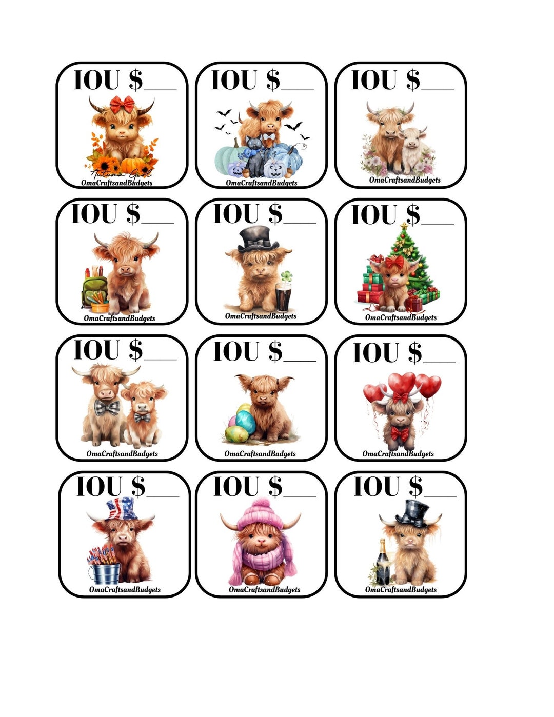 Highland Cow 12 Month IOU Slips - Etsy