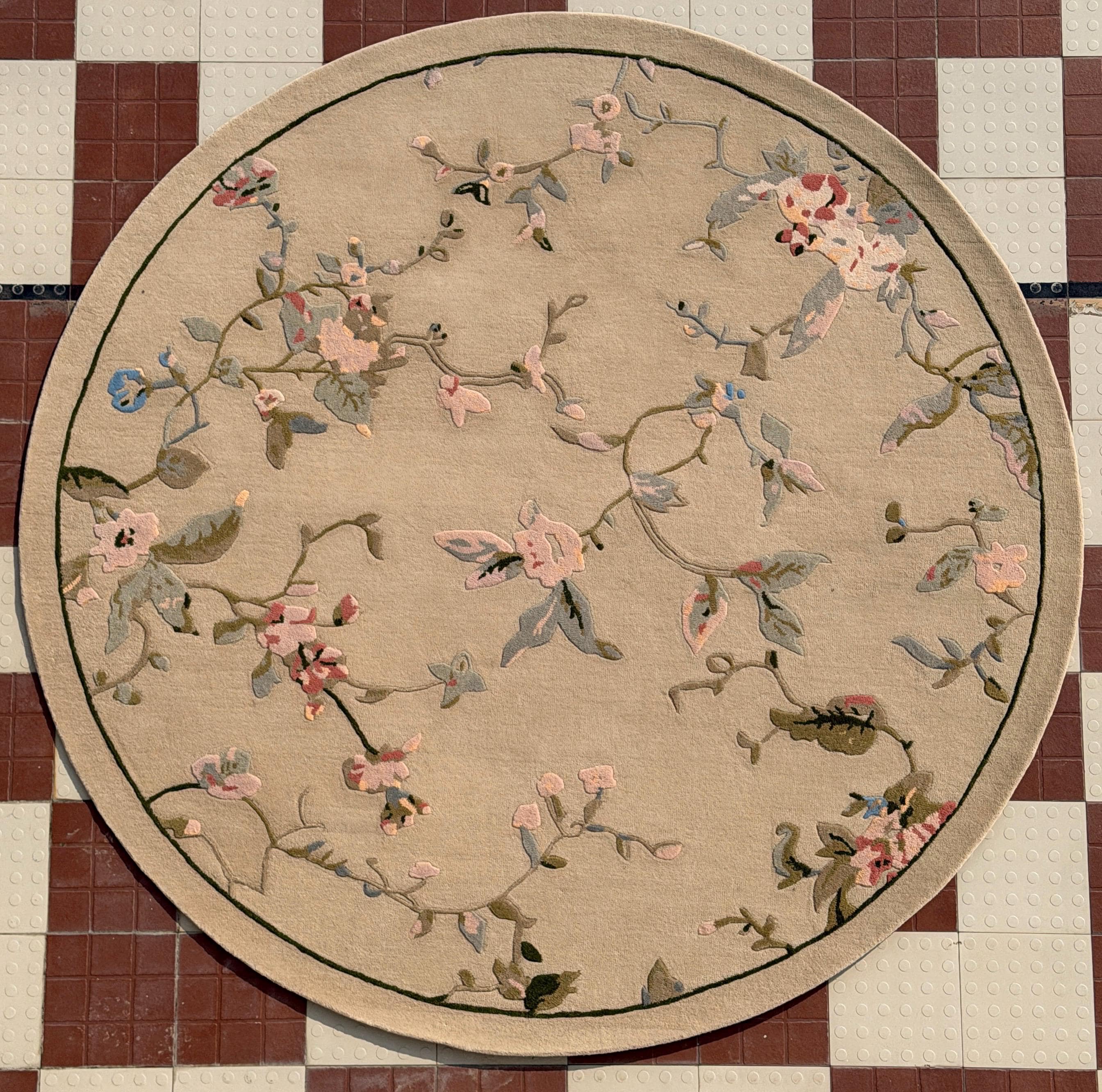 Large Round Floral Rug | Hand Tufted Beige Ivory Carpet - Etsy