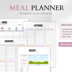 Editable Colorful Meal Planner Printable, Digital Planner, Weekly Meal ...
