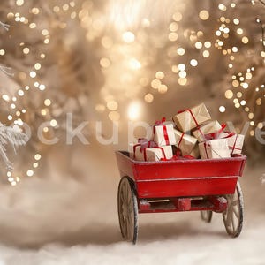 Christmas Digital Background, Red Wagon With Xmas Gift Photography ...