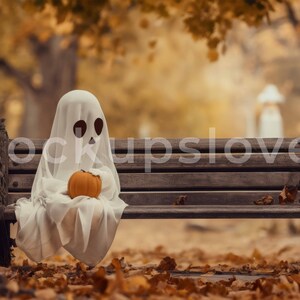 Halloween Ghost Digital Backdrop, Autumn Woodland Forest Wooden Bench ...