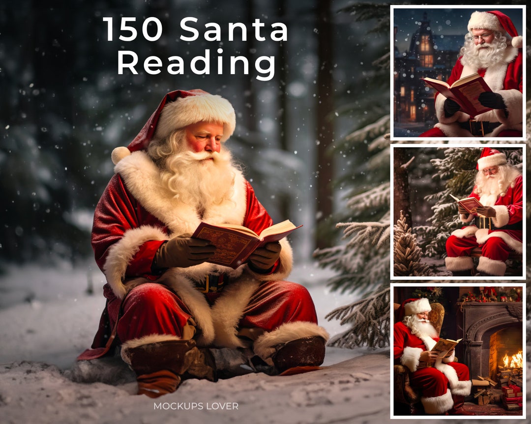 150 Santa Reading Digital Backdrops, Christmas Book, Black Santa, White ...
