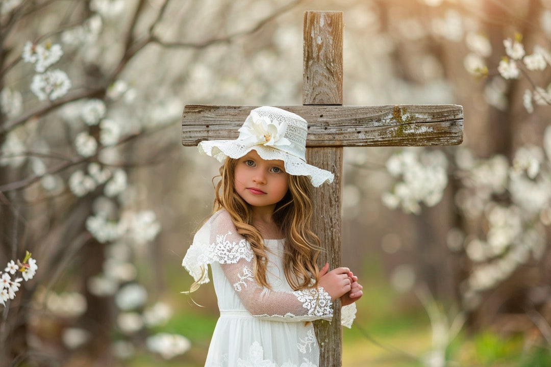 Spring Easter Cross Digital Background, White Blossom Digital Backdrop ...