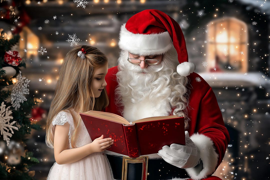 Christmas Santa Reading Book Digital Background, Holiday Portrait ...