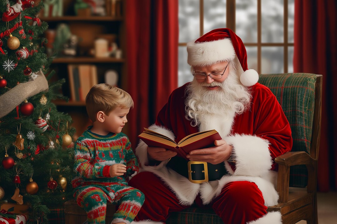 Christmas Santa Reading Book Digital Background, Holiday Portrait ...