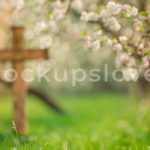 Spring Easter Cross Digital Background, White Blossom Digital Backdrop ...