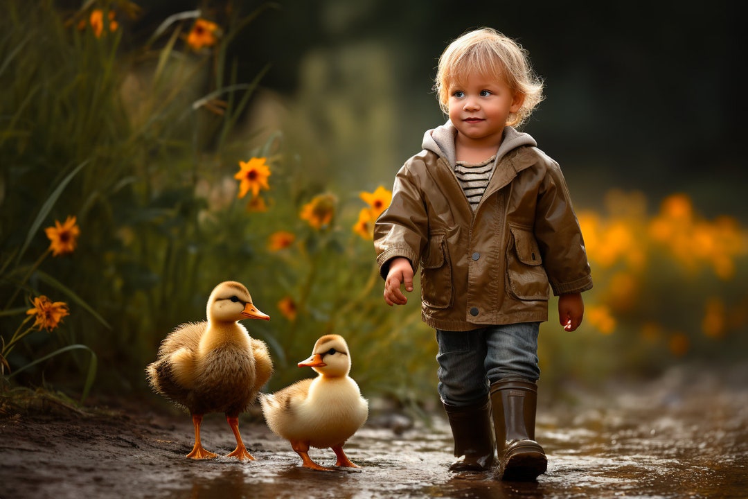 Spring Digital Background, Duck on Floral Digital Backdrop Field ...