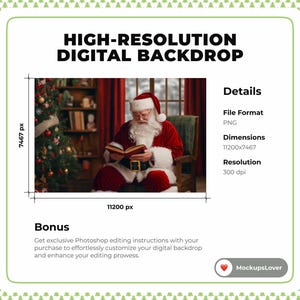 Christmas Santa Reading Book Digital Background, Holiday Portrait ...