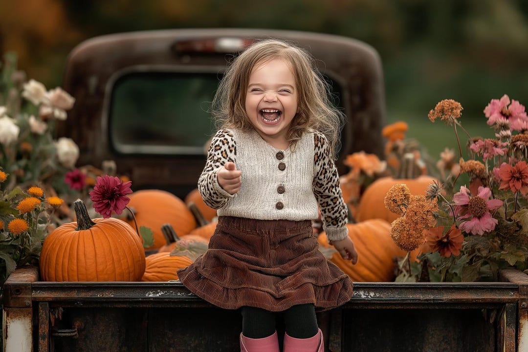 Autumn Digital Background, Fall Truck and Pumpkins, Fall Digital ...