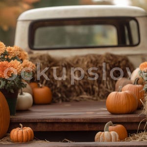 Autumn Digital Background, Fall Truck and Pumpkins, Fall Digital ...
