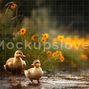 Spring Digital Background, Duck on Floral Digital Backdrop Field ...
