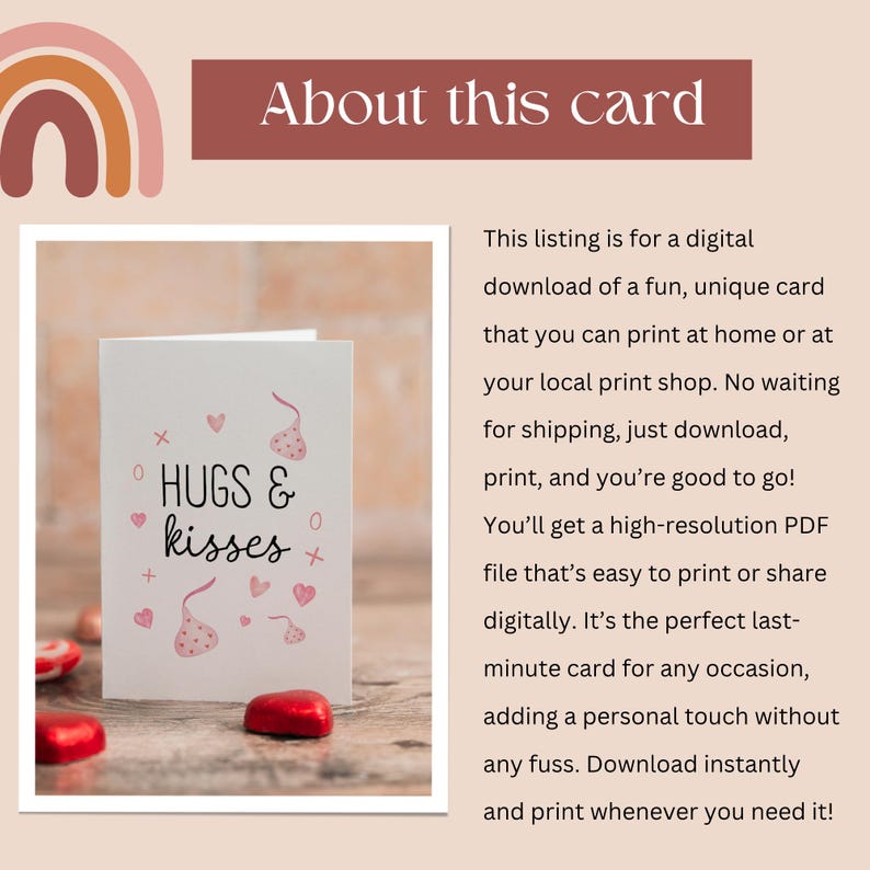 Valentine Card Printable Hugs and Kisses Card Instant Download 5 Sizes ...
