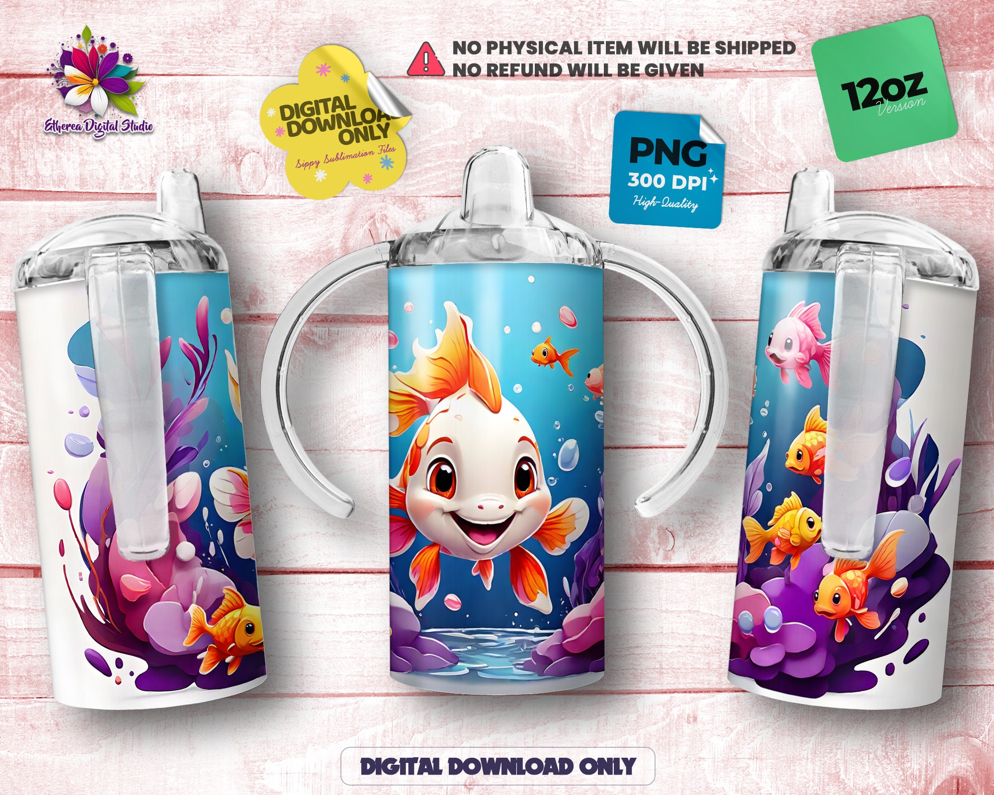 Kid's 3D Goldfish Fish 12oz Sippy Cup Sublimation Design Instant ...