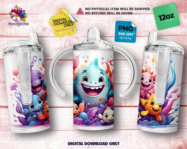 Kid's 3D Dolphin Whale Fish 12oz Sippy Cup Sublimation Design Instant ...