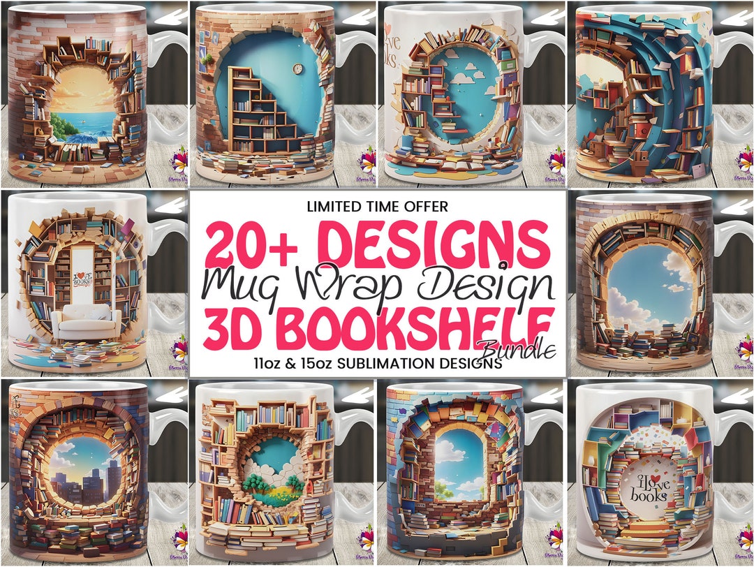 3D Book Mug Wrap Bundle, 3D Bookshelf Mug Sublimation, 3D Book Mug PNG ...
