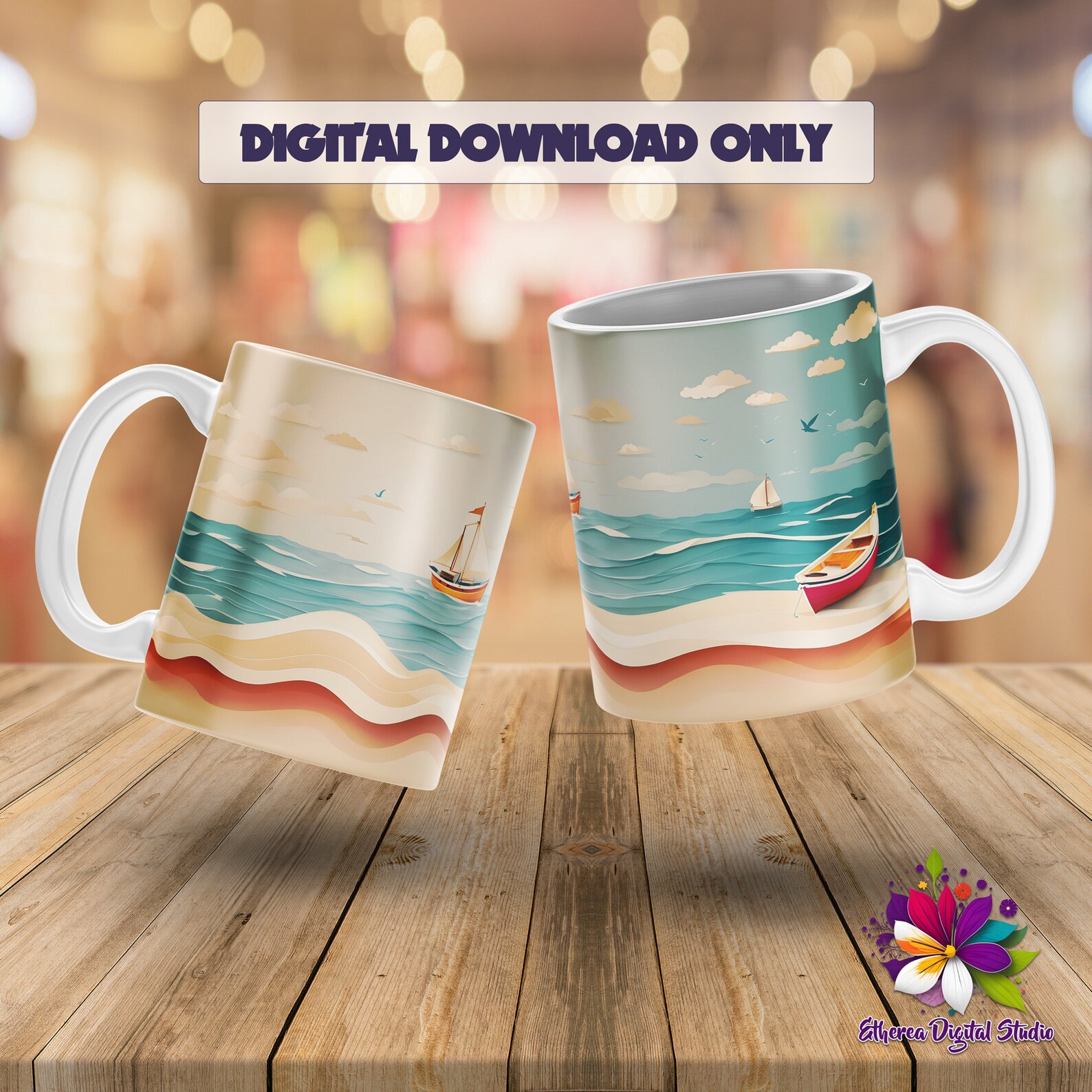 Nautical Wooden Boat Watercolor Mug Wrap Sublimation Design, Wooden ...