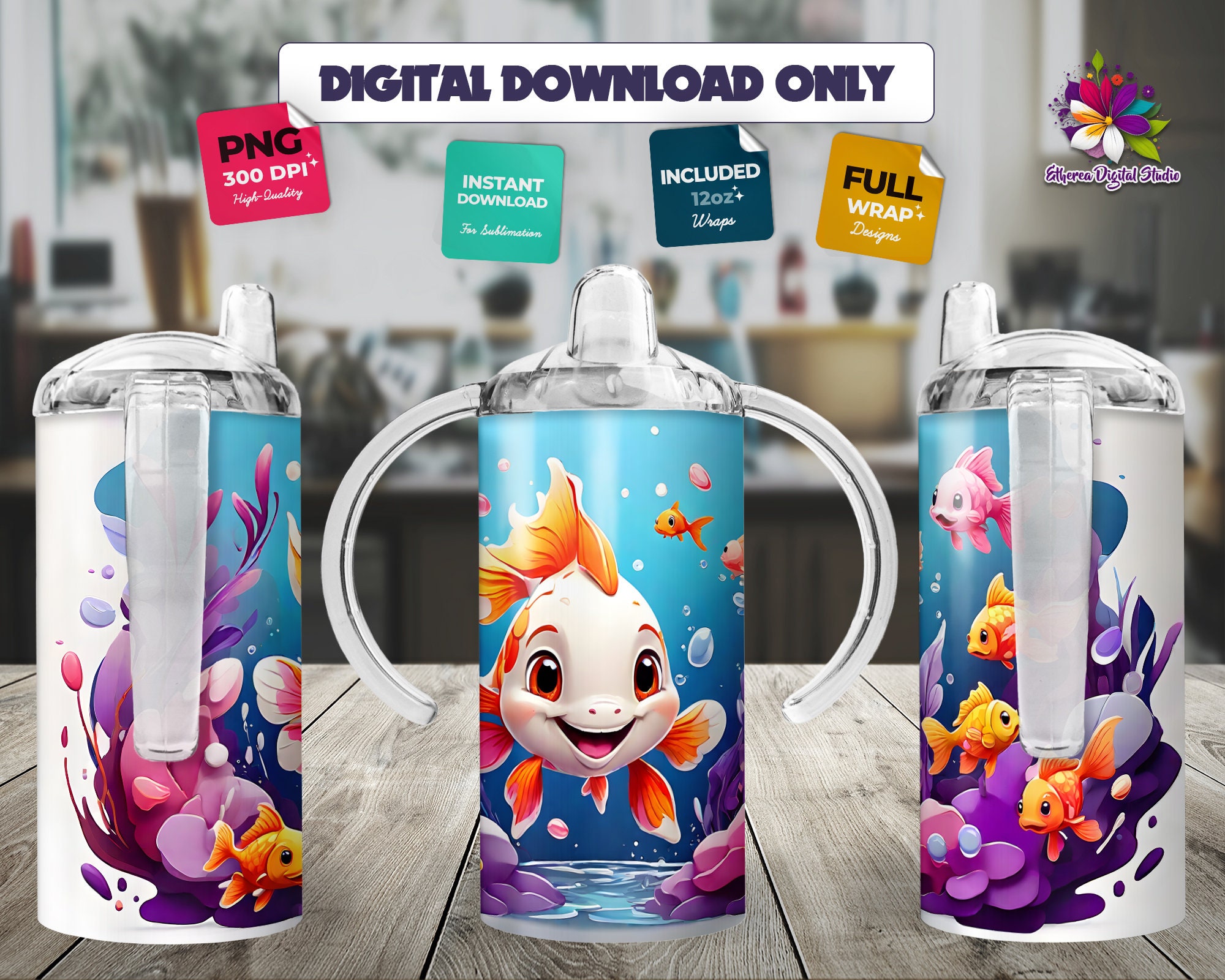 Kid's 3D Goldfish Fish 12oz Sippy Cup Sublimation Design Instant ...