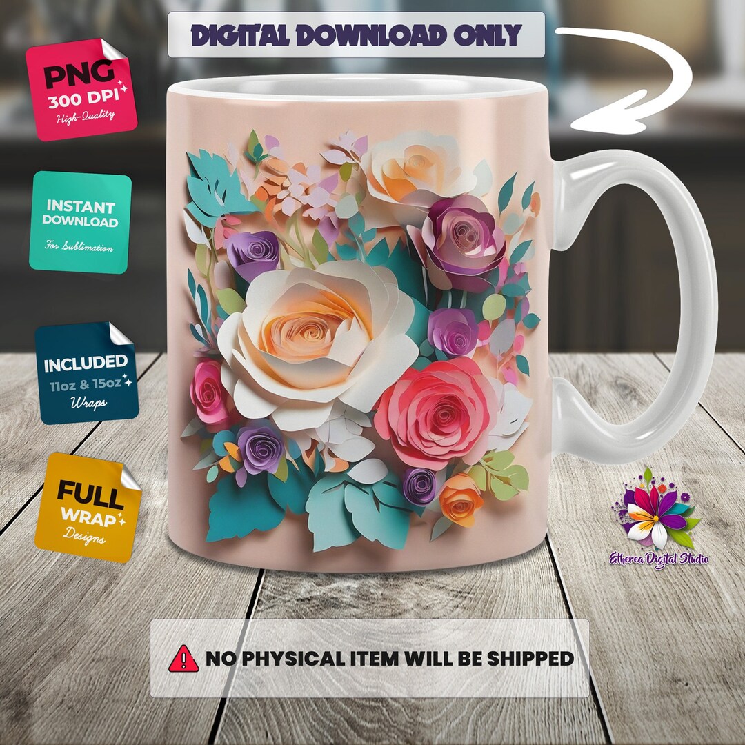 3D Pink White Roses Flower Mug Wrap 3D Paper Roses Flower Mug - Etsy