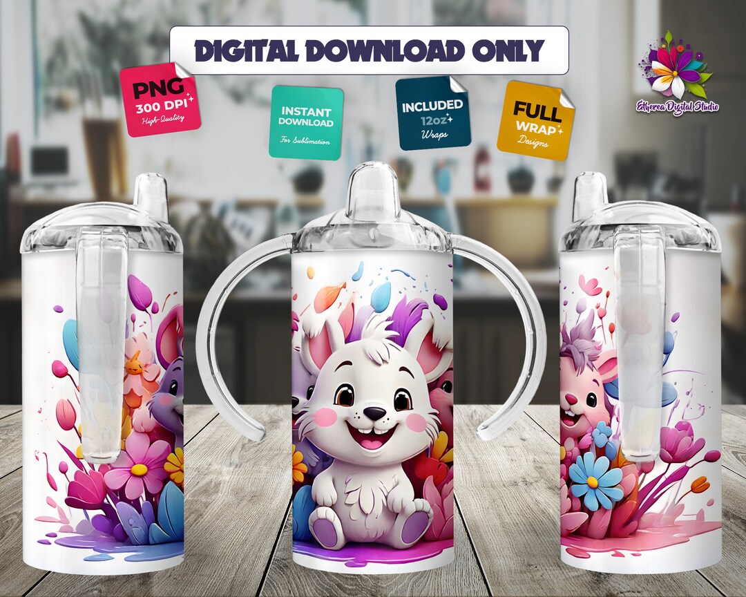 Kid's 3D Rabbits 12oz Sippy Cup Sublimation Design Instant Digital ...