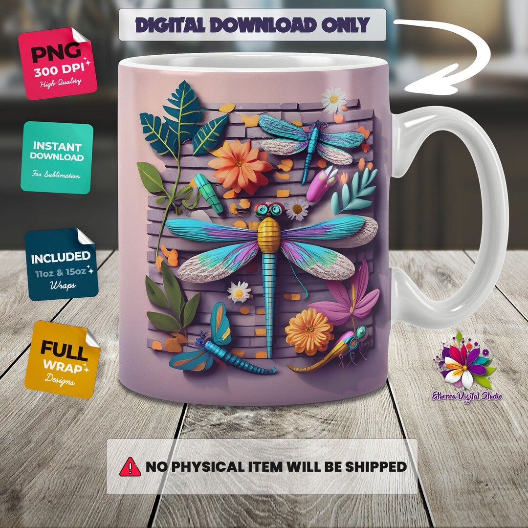 3d bunte Libelle Blumen Becher PNG, 3d Libelle Blumen Becher PNG, 3D Libellen Becher ...