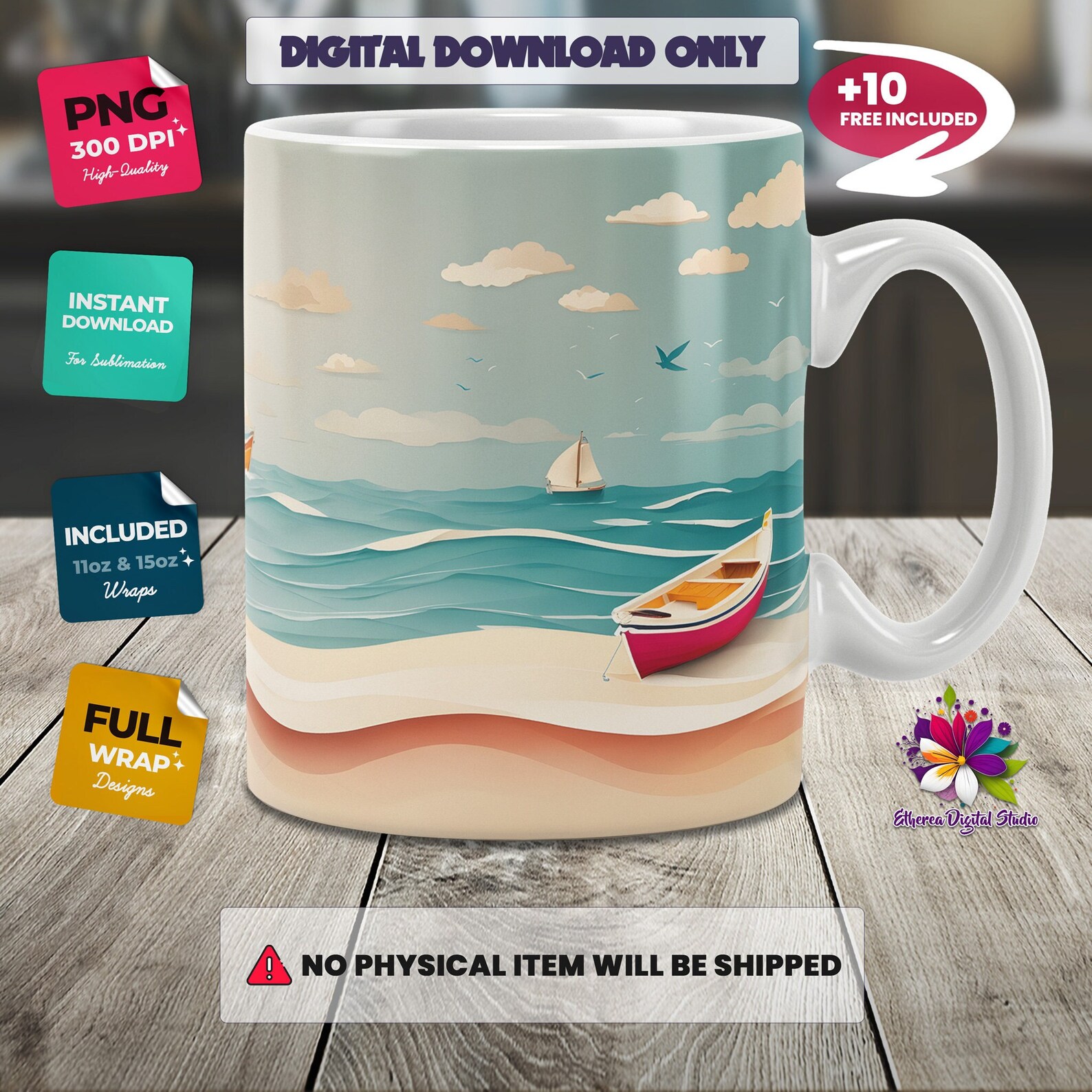 Nautical Wooden Boat Watercolor Mug Wrap Sublimation Design, Wooden ...