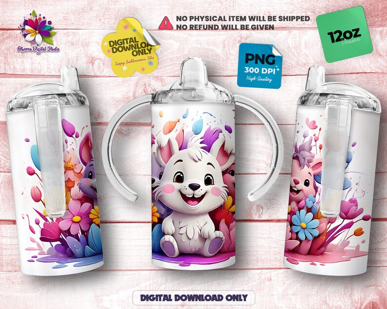 Kid's 3D Rabbits 12oz Sippy Cup Sublimation Design Instant Digital ...