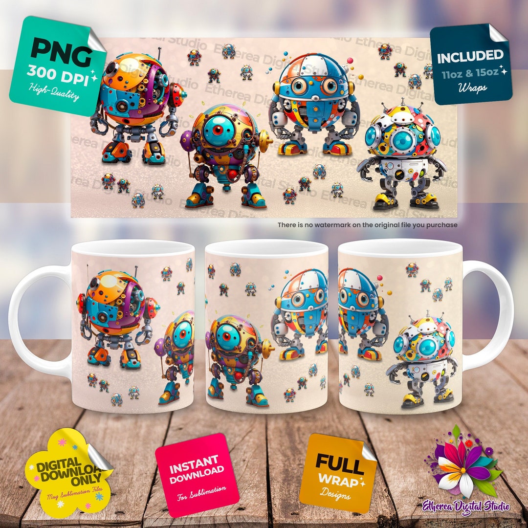 3D Robots Mug Wrap Sublimation Design, Cute Robots Mug Wrap, Kids Mug ...