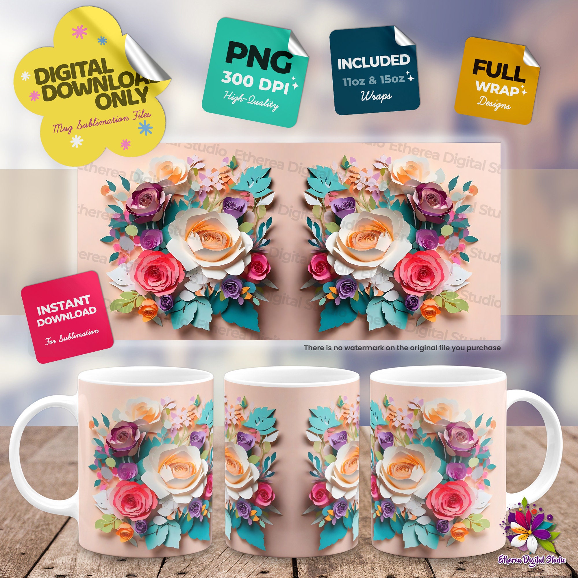 3D Pink White Roses Flower Mug Wrap 3D Paper Roses Flower Mug - Etsy