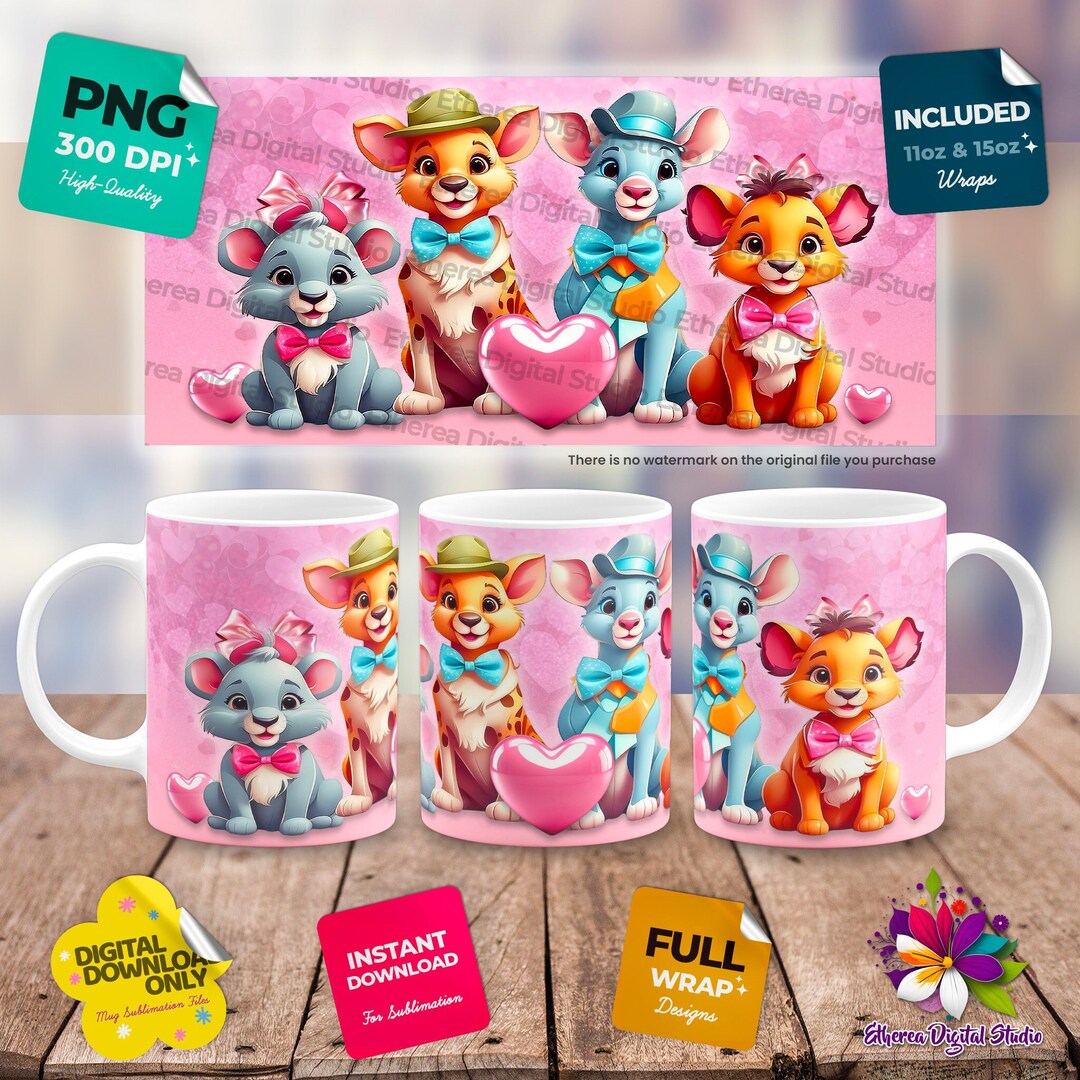 3D Cute Pink Baby Safari Animals Mug Wrap Design, 3D Baby Lion Mug ...