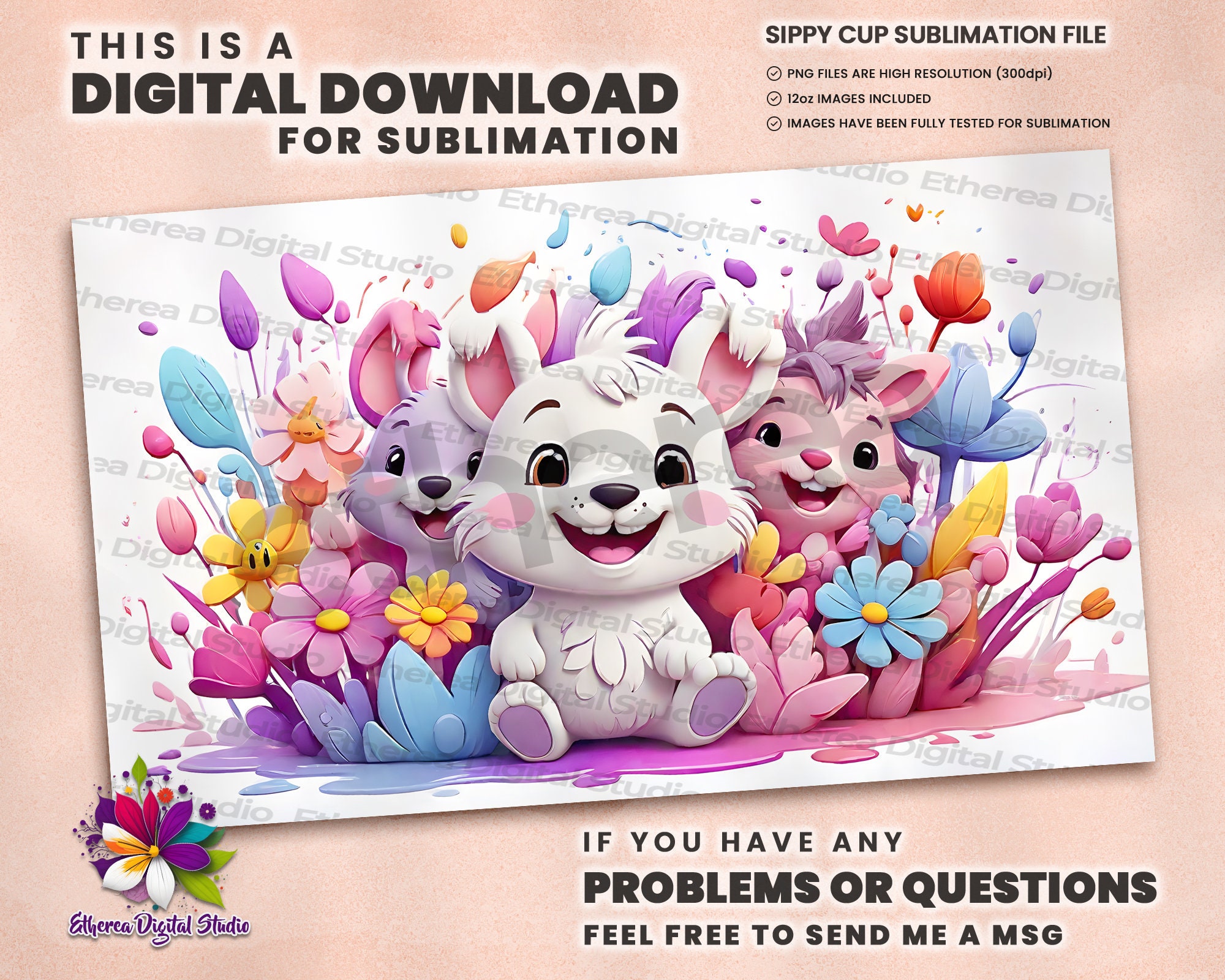 Kid's 3D Rabbits 12oz Sippy Cup Sublimation Design Instant Digital ...